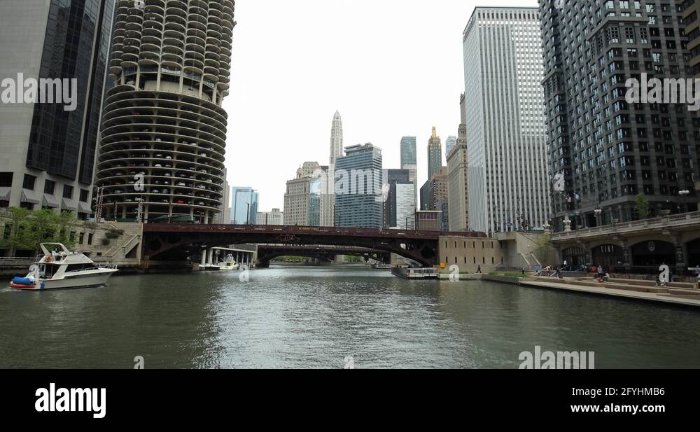 Chicago downtown river boat ride dolly skyline buildings water bridges ...