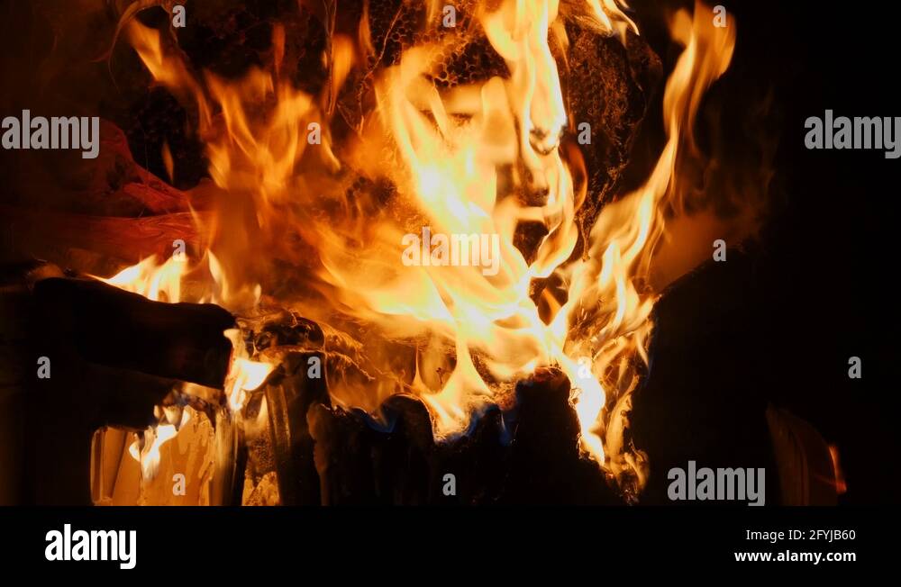 Diseased burning bee hive collapsing in flames to prevent foulbrood ...