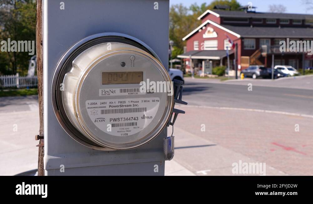 Smart grid hydro electricity meter on small town main street Stock ...