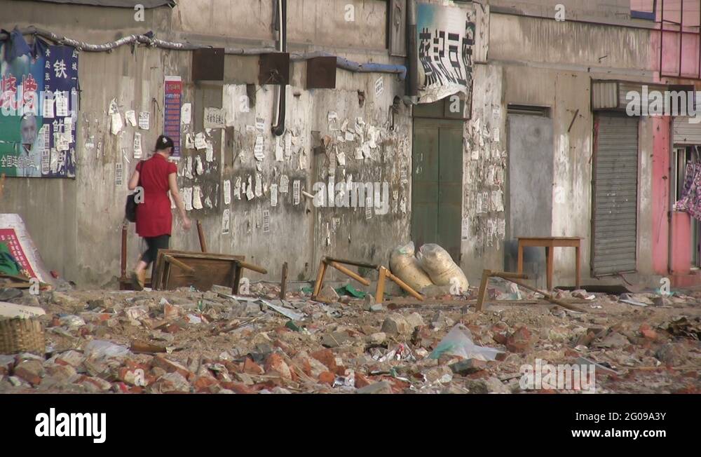 China, garbage dump, destruction, old quarter, suburbs, girl in red ...