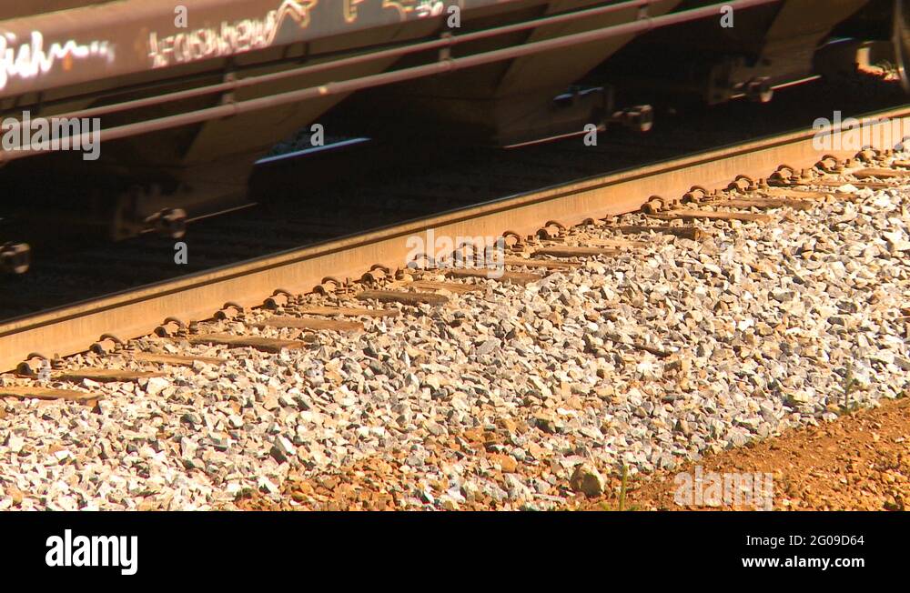 railroad, freight train grain cars tight on trucks and ballast Stock ...