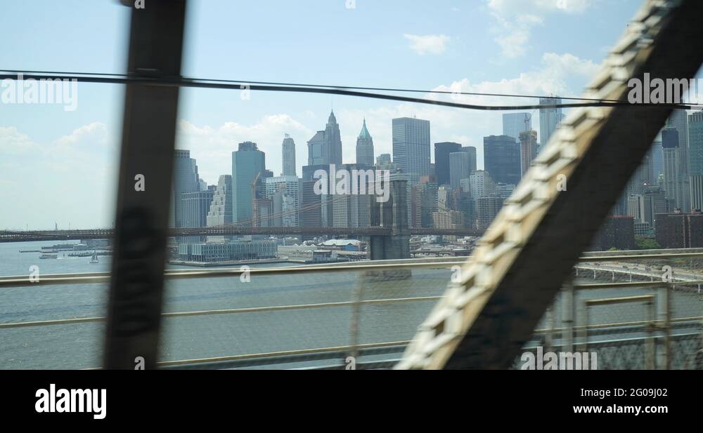 New York City skyline downtown buildings view from subway train window ...