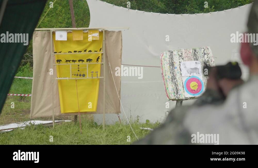 Blur back view of man shooting at yellow aim with animals drawn on it ...