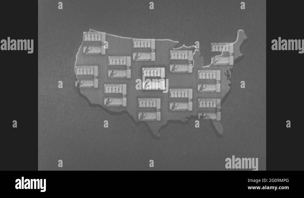 1950s: Map of United States with animated charts scattered around ...