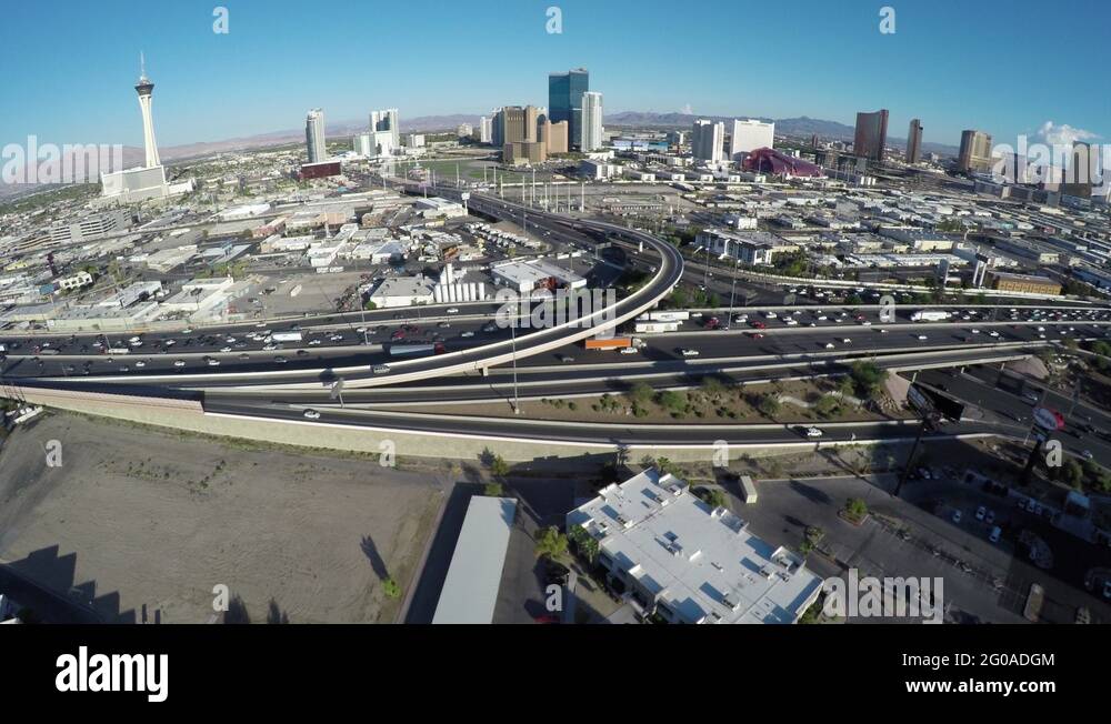 Aerial Shot Flying In on Las Vegas Strip with Traffic on 15 Freeway in ...