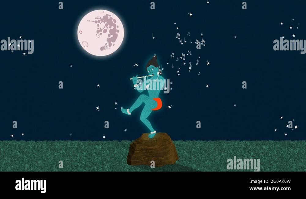 Lord Krishna Playing the Flute at a Full Moon Night Stock Video Footage ...