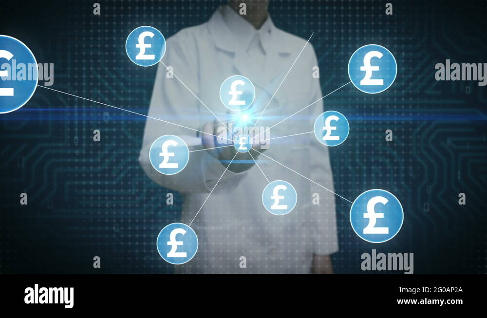 Female scientist touching Pound currency symbol, dots makes global ...