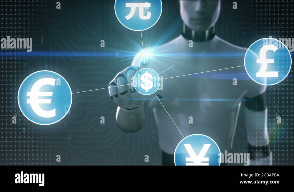 Robot cyborg touching various currency symbol, dots makes global world ...