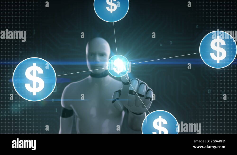 Robot cyborg touching Dollar currency symbol, dots makes global world ...