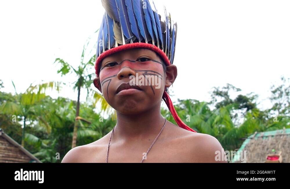 Native Brazilian Boy on a indigenous Tupi Guarani Tribe in Brazil Stock ...