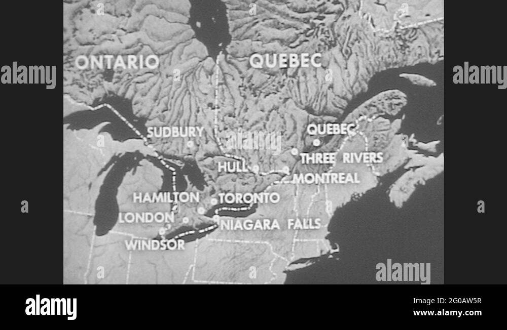 1950s: Map of Canada with text. Map of Canada with circles. Water falls ...