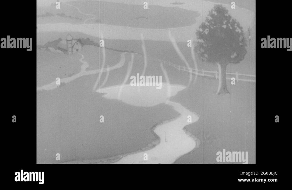 1940s: Animation: water puddle evaporates in farmland by tree. Cloud ...