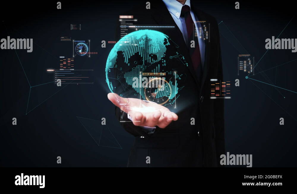 Businessman open palm, Digital signal makes World map, Global network ...