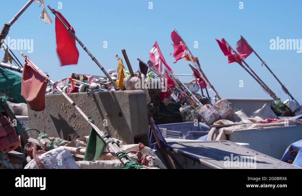 Fishing nets buoy marker flags used on a small fishing vessel 4k Stock ...