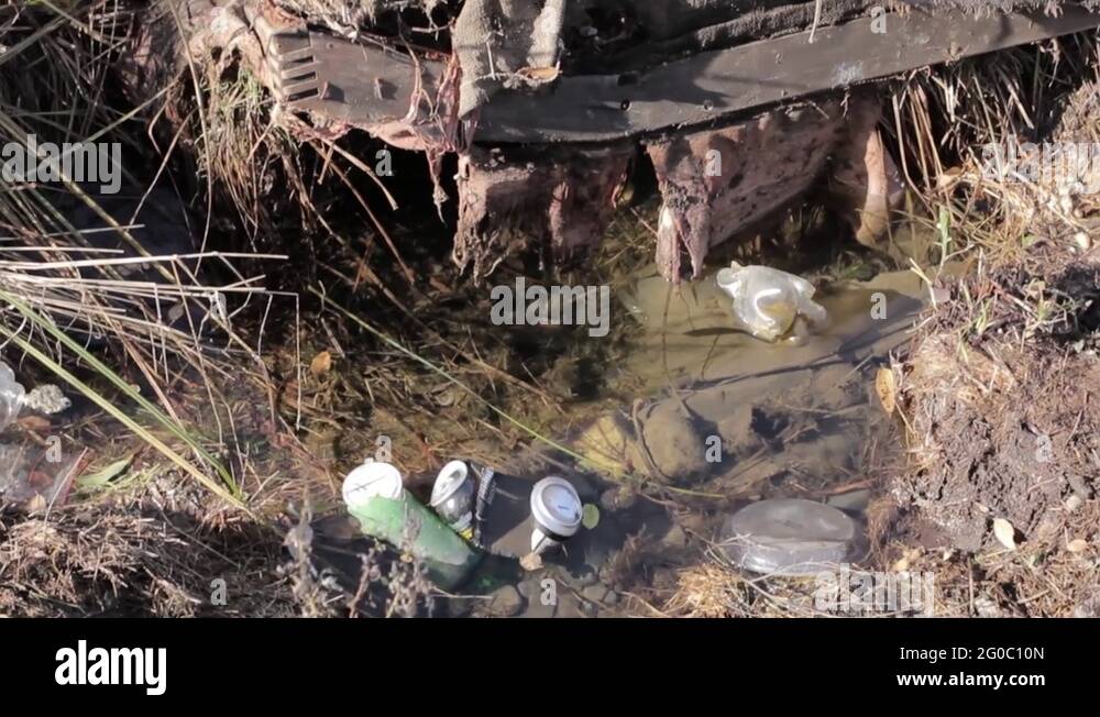 Garbage on a shore of the lake, water pollution Stock Video Footage - Alamy