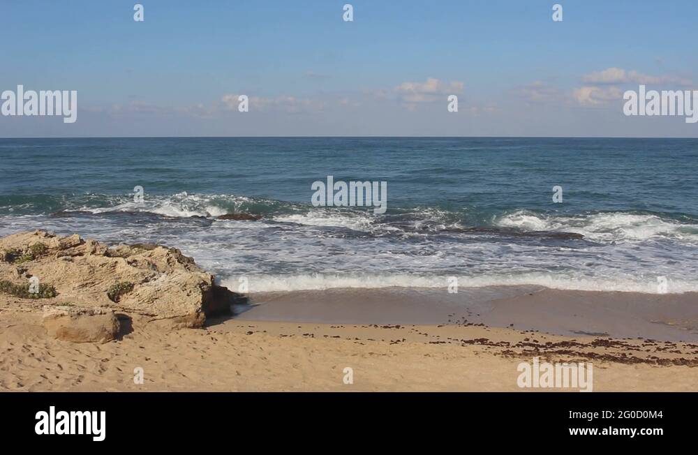 Mediterranean sea, taken from a beach on the Israeli coast. Daytime ...