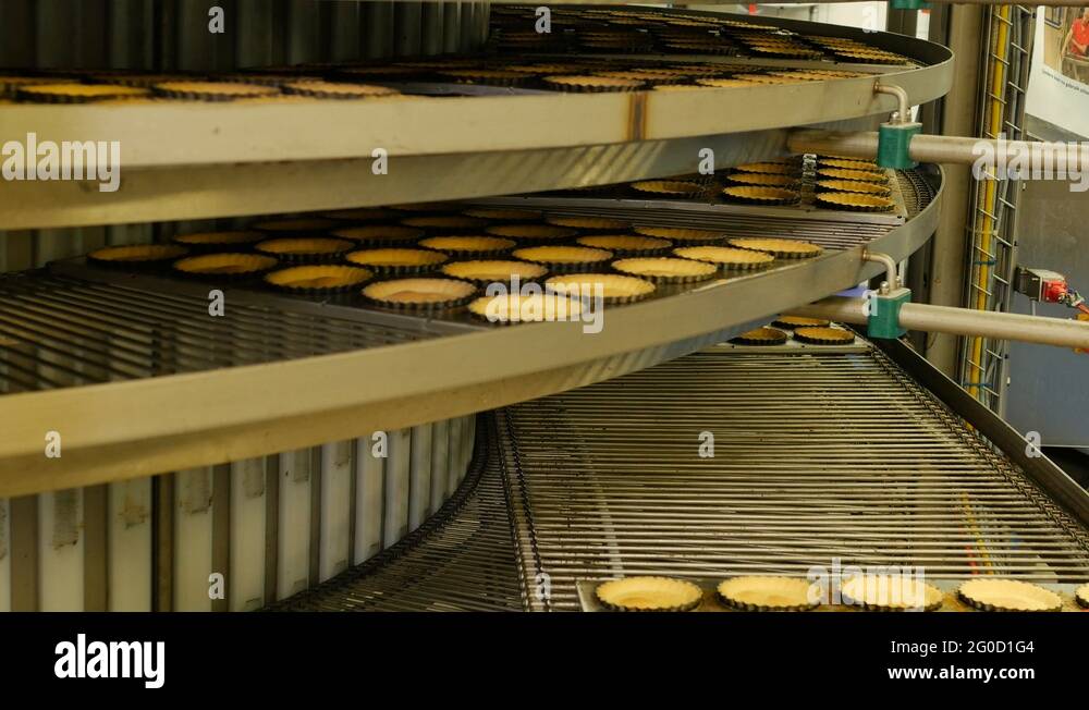 Baked Pies base pastries on a conveyor belt in a bakery factory Stock ...