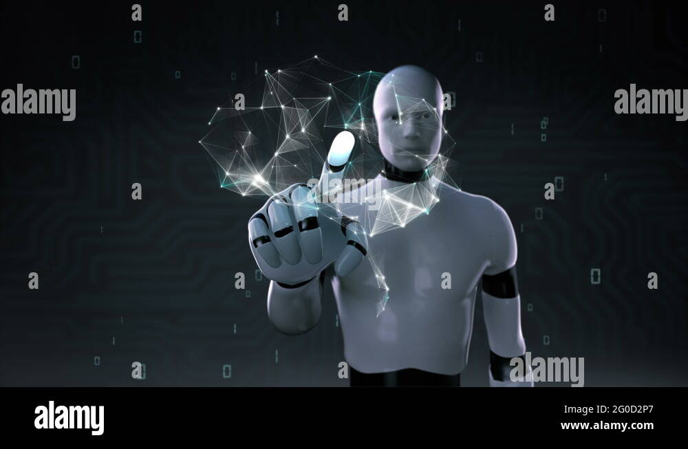Robot touch Brain connect digital lines, 4K size. artificial ...