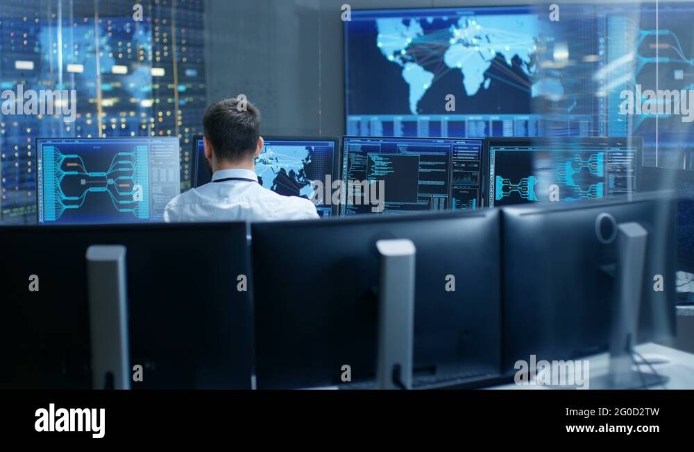 Back View in the System Control Center Operator Working. Multiple ...