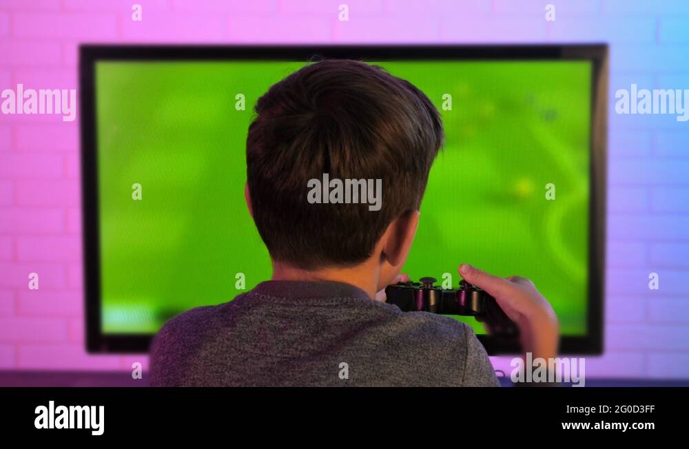 Rear view of a little boy playing soccer simulator game on his computer ...