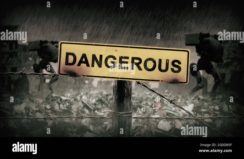 Dangerous sign animation. Post apocalyptic scene with military robots ...