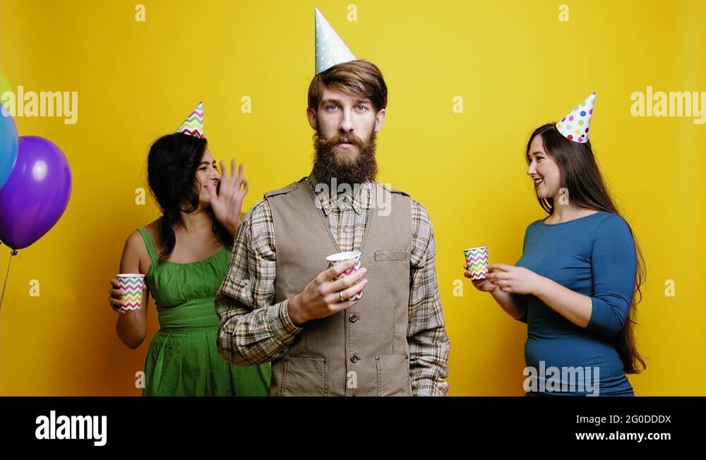 Crazy geek man dancing with beautiful women slow motion party photo ...