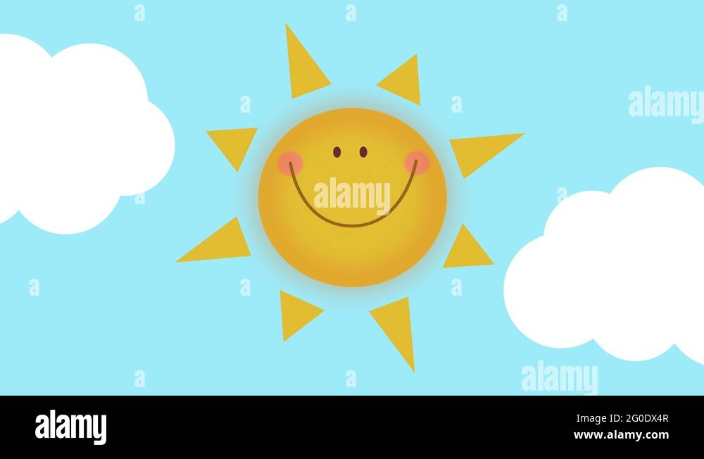 funny smiling summer sun shining on blue sky with cloud. smiling sun ...