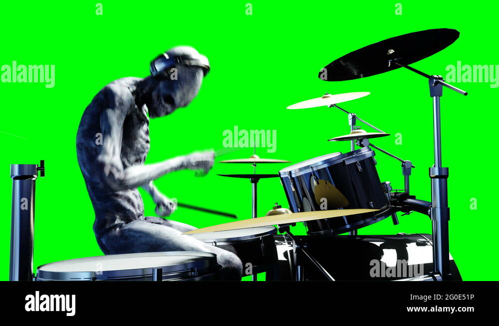 Funny alien plays on drums. Realistic motion and skin shaders Stock ...