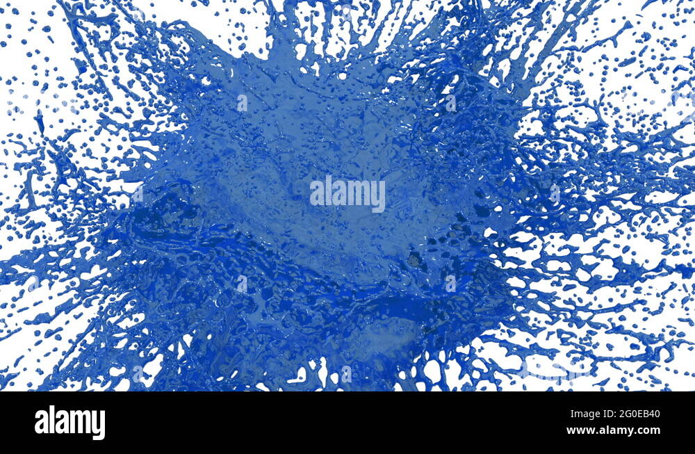 Large drops of blue paint fall on the white surface and it is stain ...