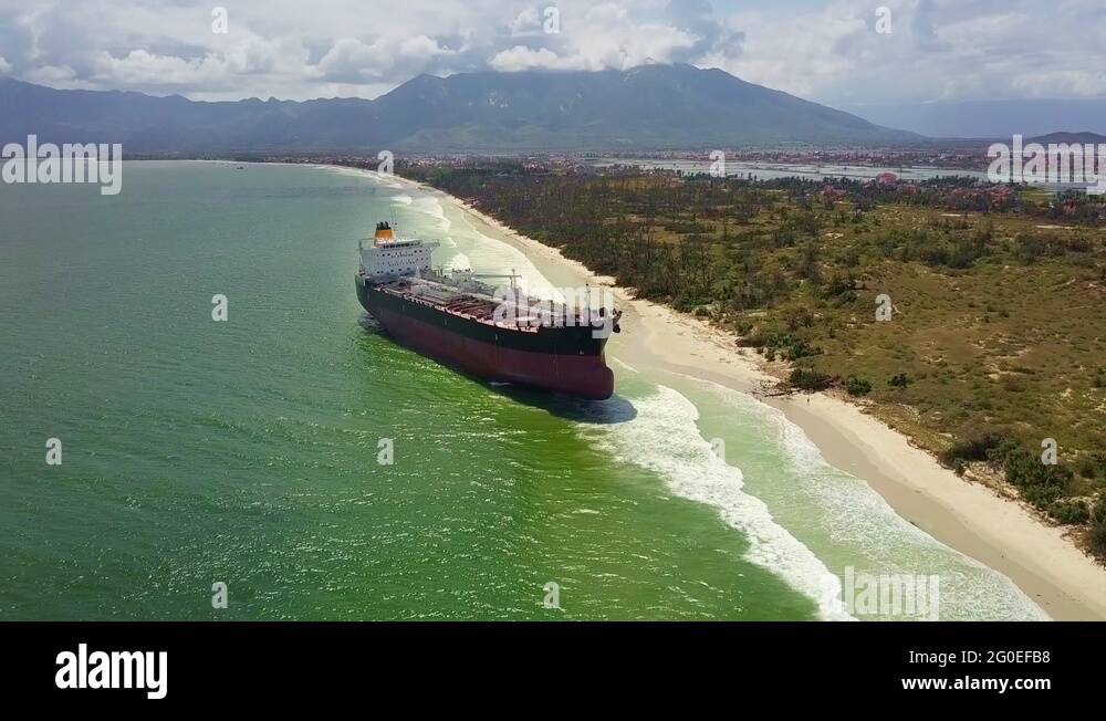 Drone Moves to Tanker Poop Grounded on Beach after Hurricane Stock ...