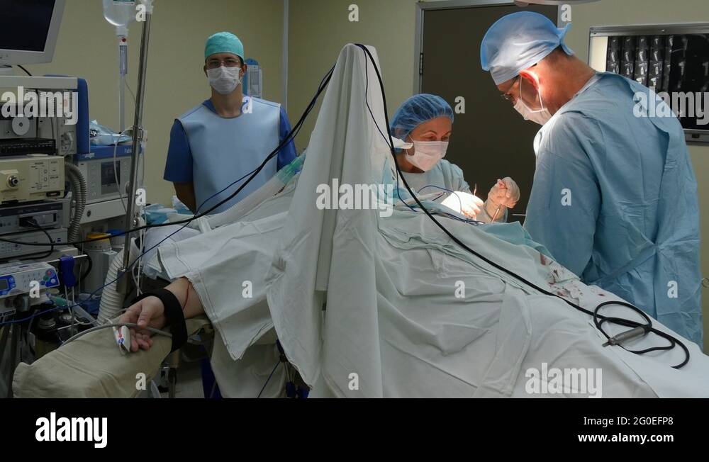 Abdominal laparoscopy on professional medical equipment in operating ...