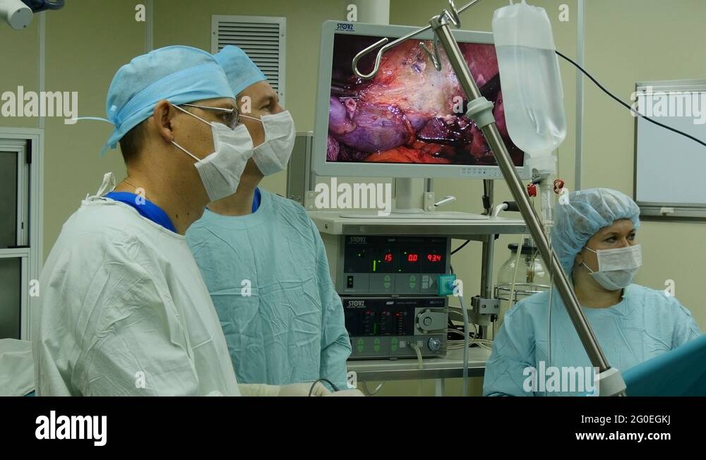 Abdominal cavity inside during operation laparoscopy on monitor Stock ...