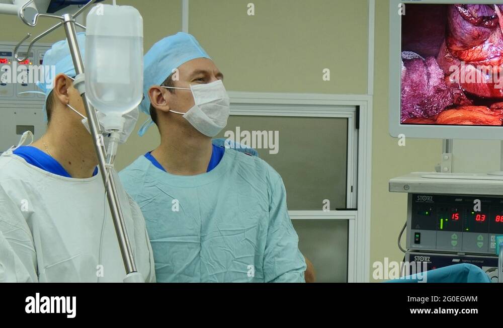 Abdominal laparoscopy on professional medical equipment in operating ...