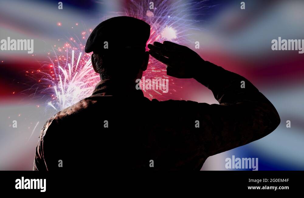 4K British Soldier Salute Army Flag and Fireworks Military Silhouette ...