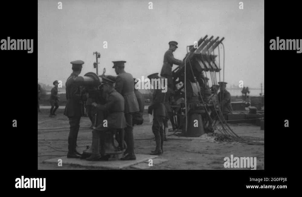 Four 30-caliber machine guns being fired on multiple mounts, 1918 ...