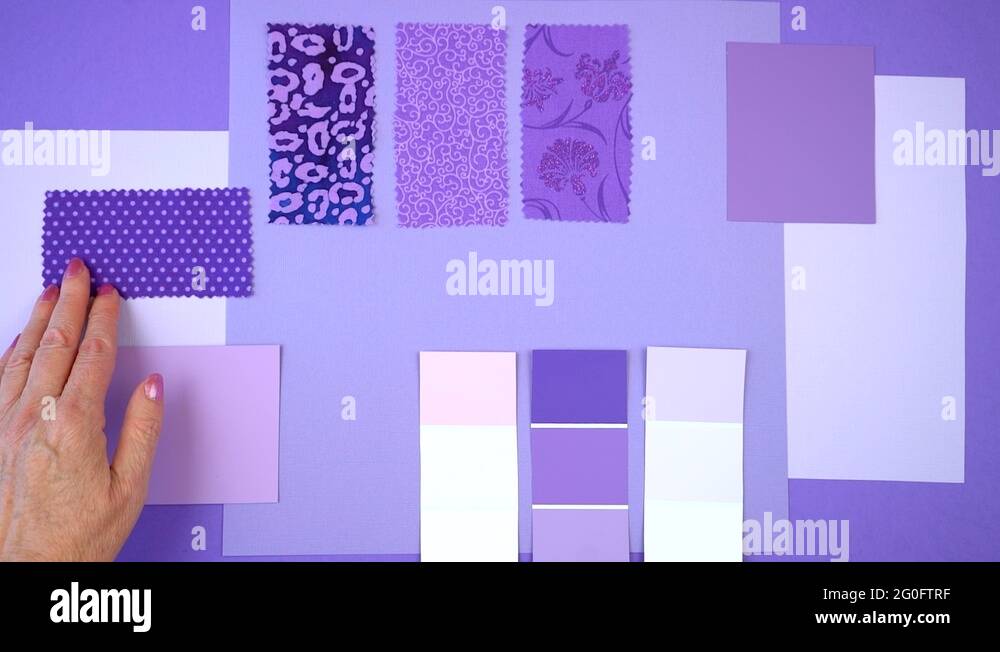 Flat lay overhead mood board layout for ultra violet, color of the year ...