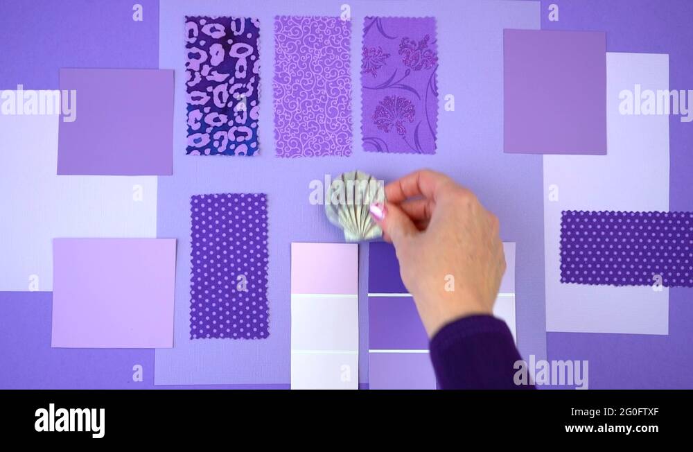 Flat lay overhead mood board layout for ultra violet, color of the year ...