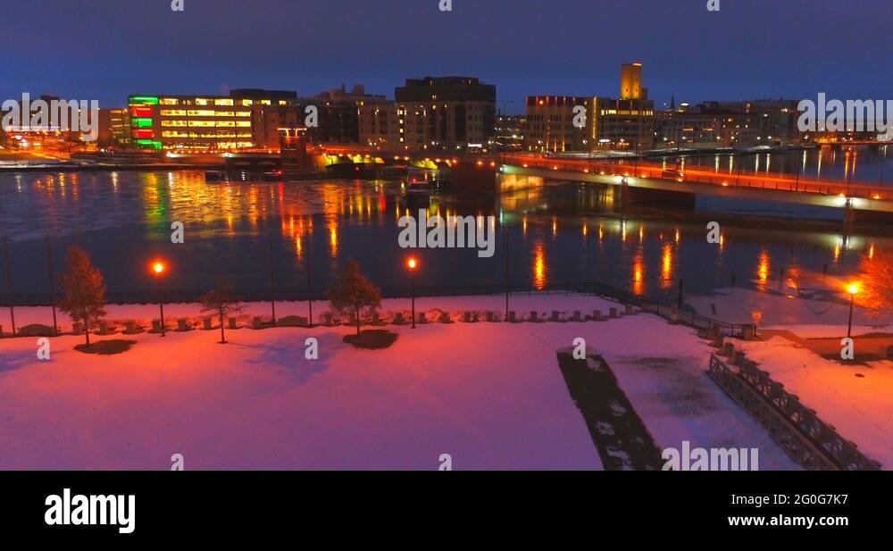 Nighttime view of Green Bay Wisconsin Downtown with glowing city lights ...