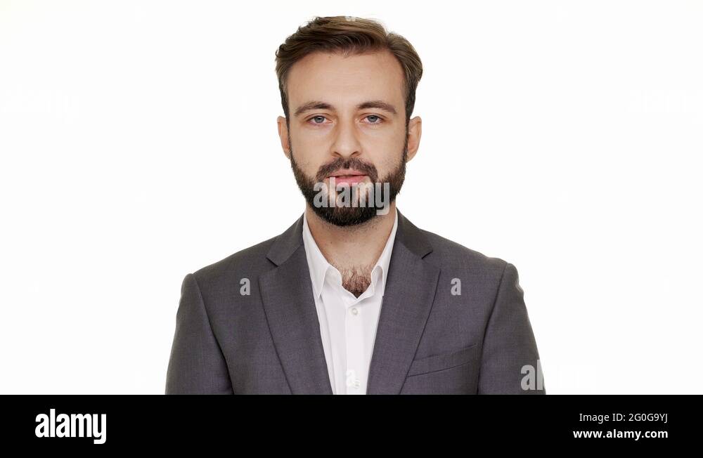 Close up portrait of determined man 30s in suit shaking head meaning ...