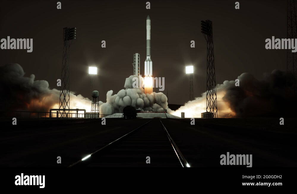 Rocket launch animation. Space launch system. Night. Realistic 4k ...