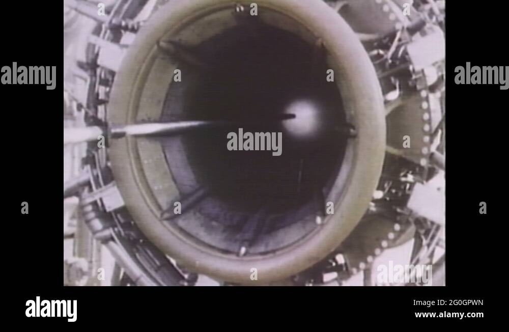1970s: UNITED STATES: diaphragm built into jet engine. Close up of jet ...