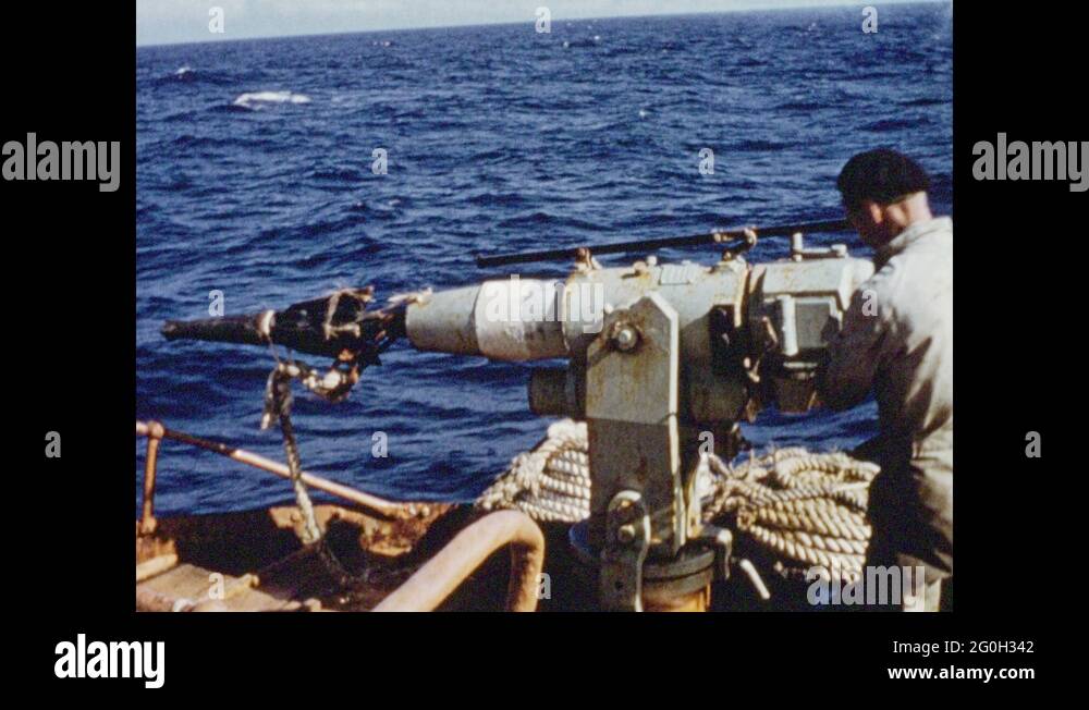 1950s: DURBAN, SOUTH AFRICA: harpoon loaded on ship. Harpoon in safe ...