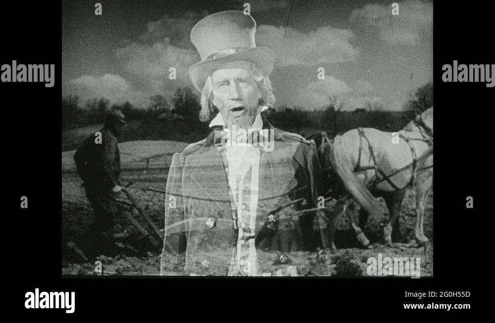 1940s: Uncle Sam talks juxtaposed over images of man with horse drawn ...
