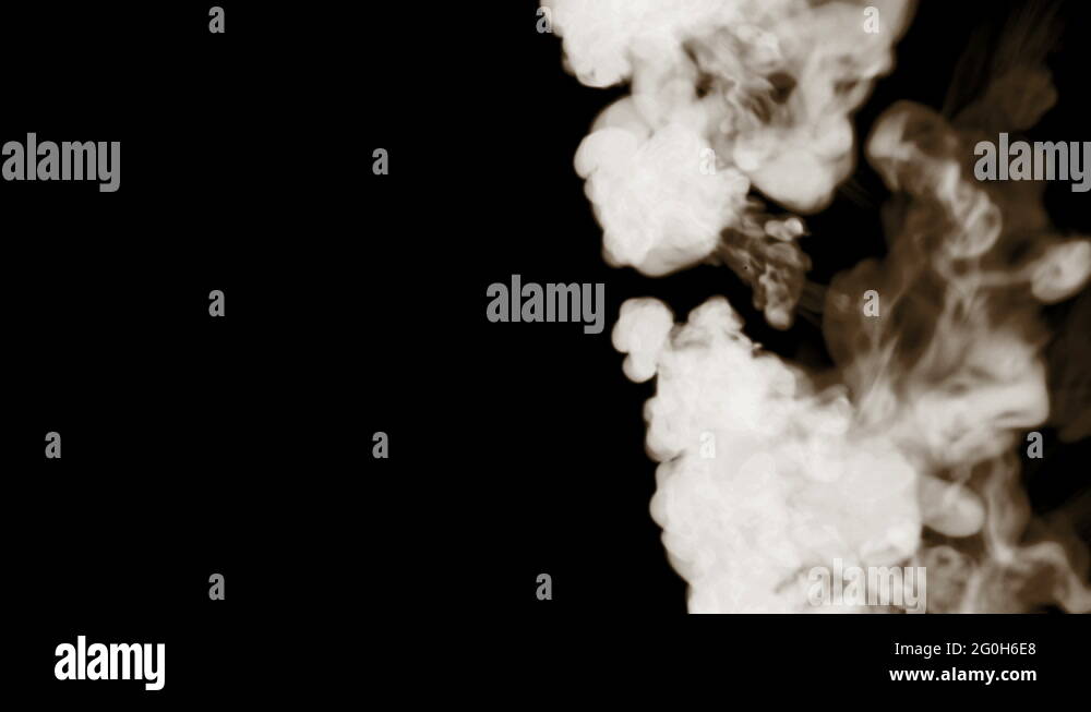 Smoke streams form ring in slow motion side view. Isolated on black ...