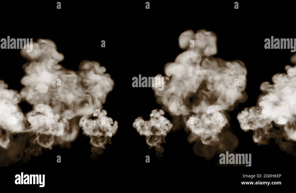 Smoke streams form ring in slow motion side view. Isolated on black ...