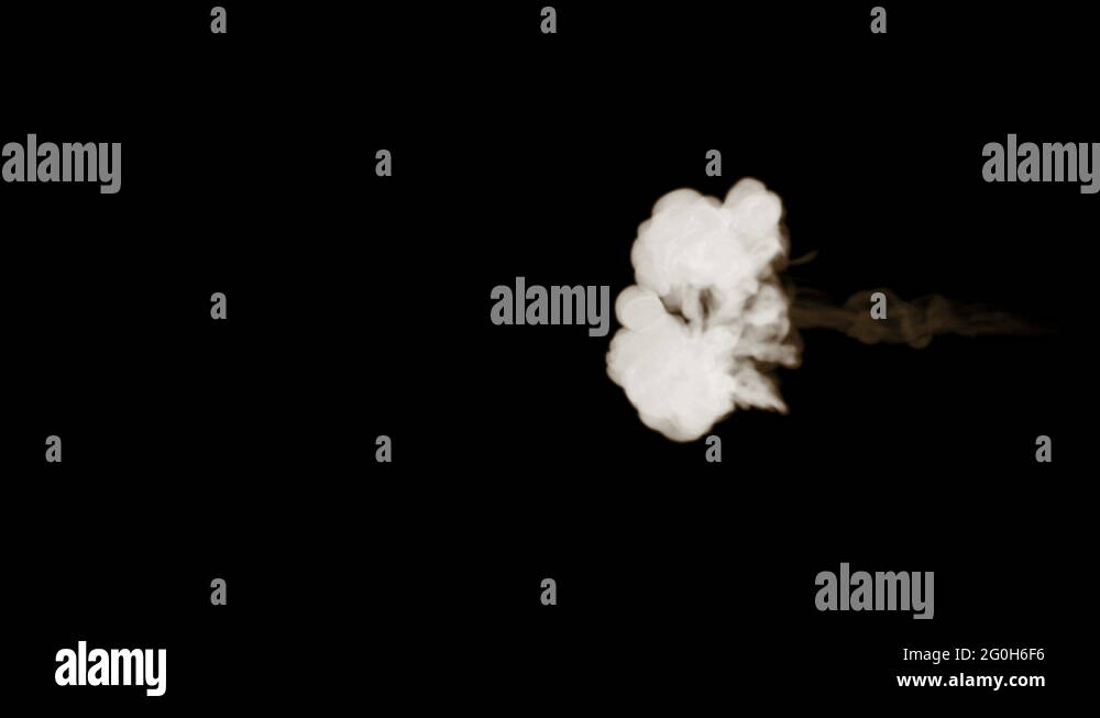 Smoke stream in slow motion side view. Isolated on black background ...