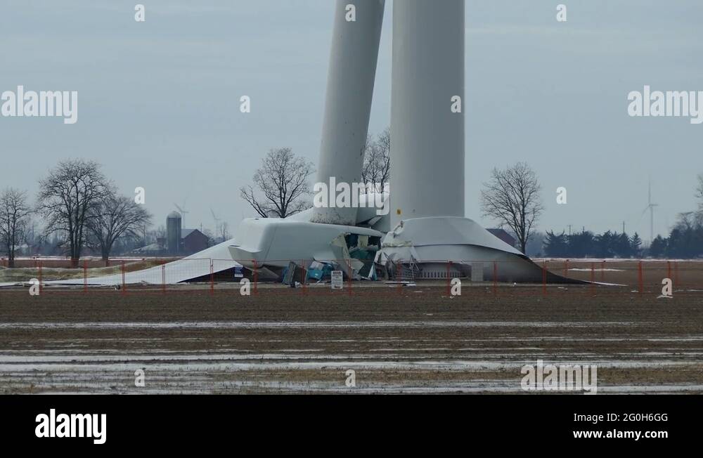Wind energy farm turbine destroyed and collapsed from structural ...