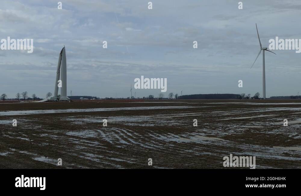 Wind energy farm turbine destroyed and collapsed from structural ...