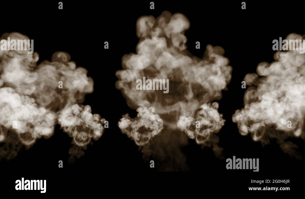 Smoke streams form ring in slow motion side view. Isolated on black ...