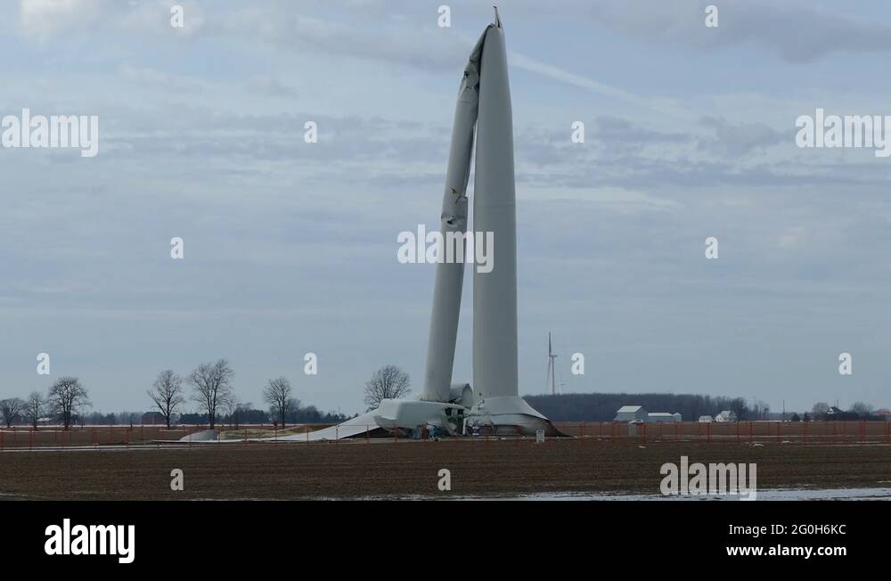Wind energy farm turbine destroyed and collapsed from structural ...
